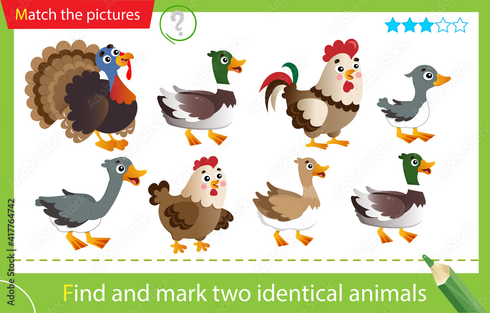 Find and mark two identical animals. Puzzle for kids. Matching game ...