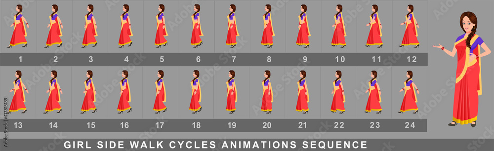 Girl Character side Walk Cycle Animation Sequence. Frame by frame animation sprite sheet of ...