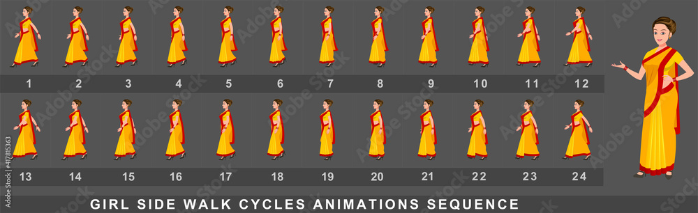 Girl Character side Walk Cycle Animation Sequence. Frame by frame animation sprite sheet of ...