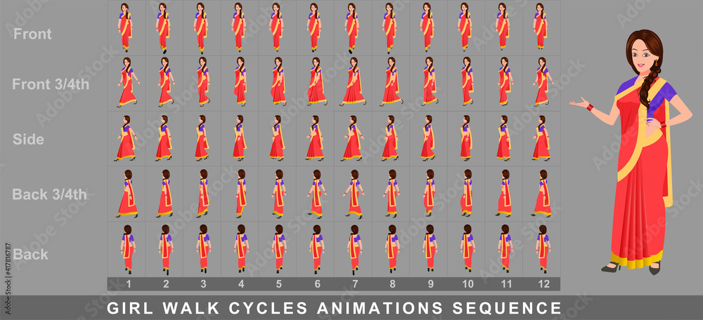 Girl Character Front Walk Cycle Animation Sequence. Frame by frame ...