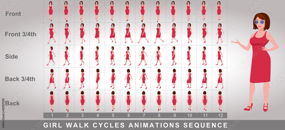 Vector de Stock Girl Character Front Walk Cycle Animation Sequence ...