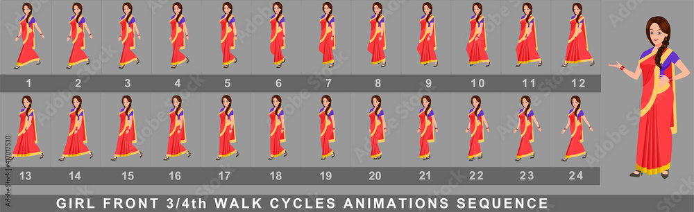 Girl Character Front Walk Cycle Animation Sequence. Frame by frame ...