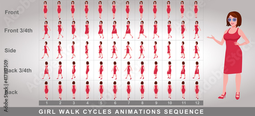 Girl Character Front Walk Cycle Animation Sequence. Frame by frame ...