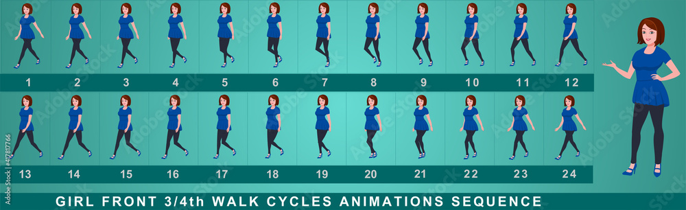 Girl Character Front Walk Cycle Animation Sequence. Frame by frame ...
