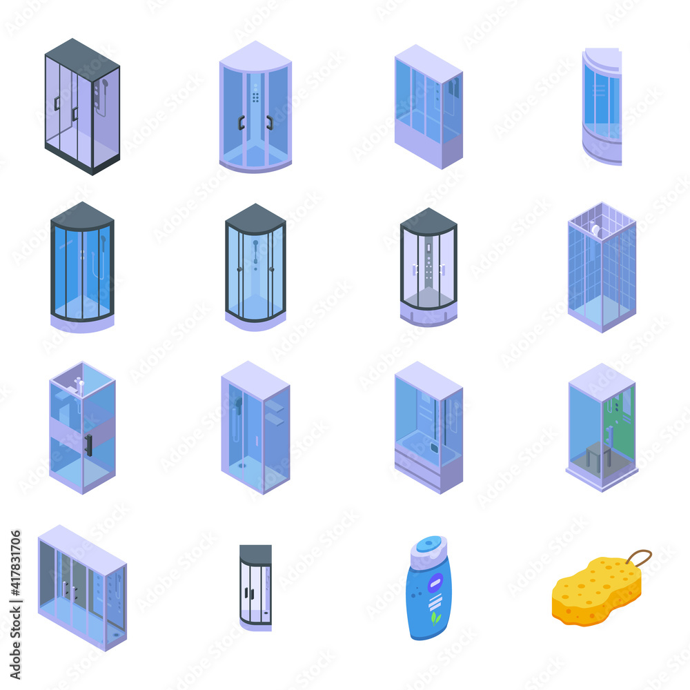 Shower stall icons set. Isometric set of shower stall vector icons for ...