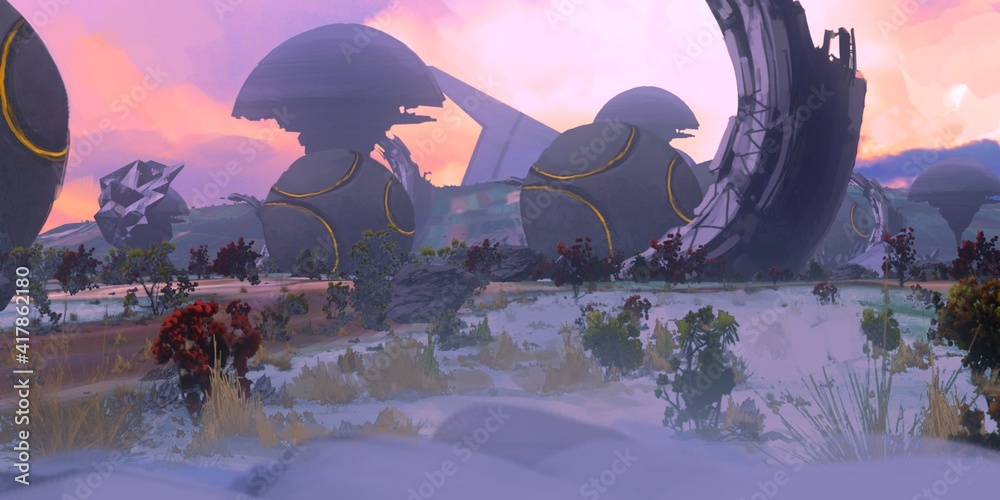 Futuristic concept art. Alien planet. Science fiction theme. Colorful ...