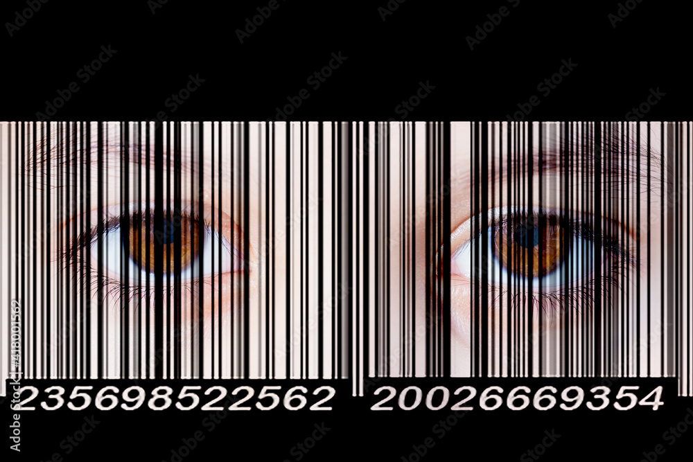 Two human eyes look through a barcode. Close-up photo. The concept of ...