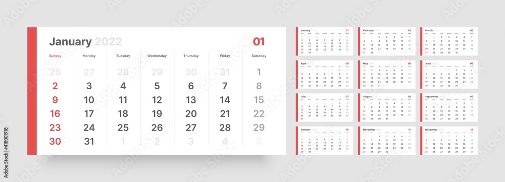 Monthly calendar template for 2022 year. Week Start on Sunday. Wall ...