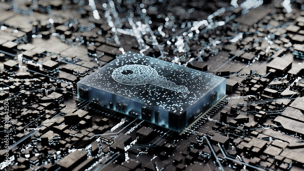 Security Technology Concept with key symbol on a Microchip. Data flows from the CPU across a ...
