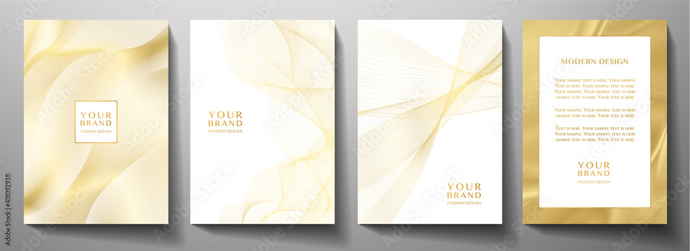 Modern cover design set. Gold abstract line pattern (guilloche curves ...