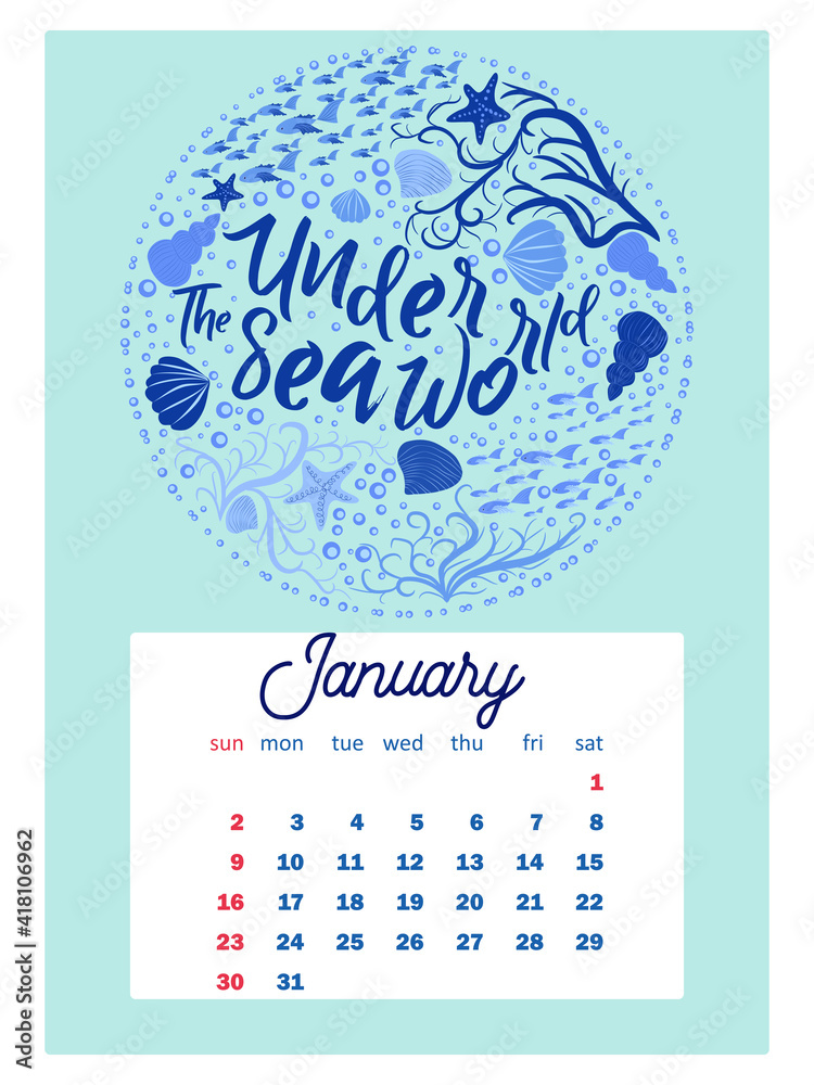 Marine life. Wall calendar design template for 2022, A4 format. Week ...