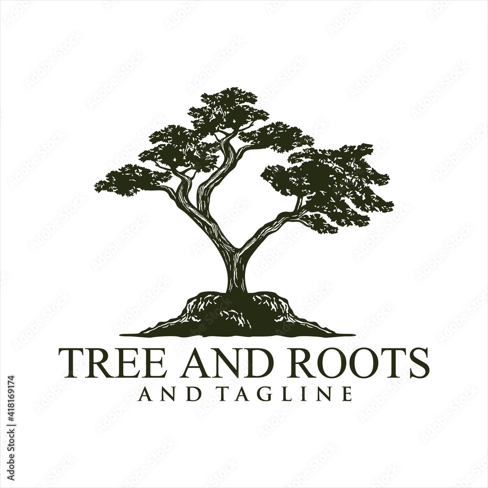Root Of The Tree logo illustration. Vector silhouette of a tree,Oak ...