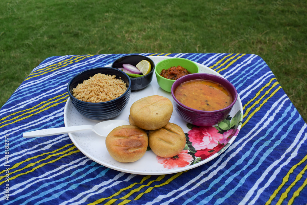 Fotografie Rajasthani traditional food Dal baati also known as Dal bati ...