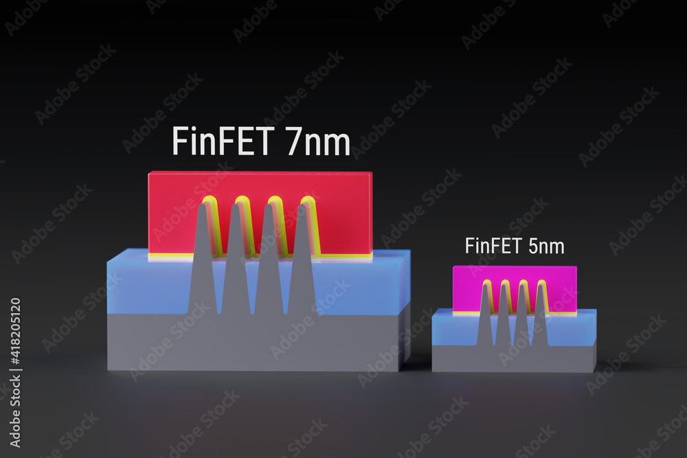 Comparison of FinFET transistors for 7nm and 5nm technology node of chip manufacturing process ...