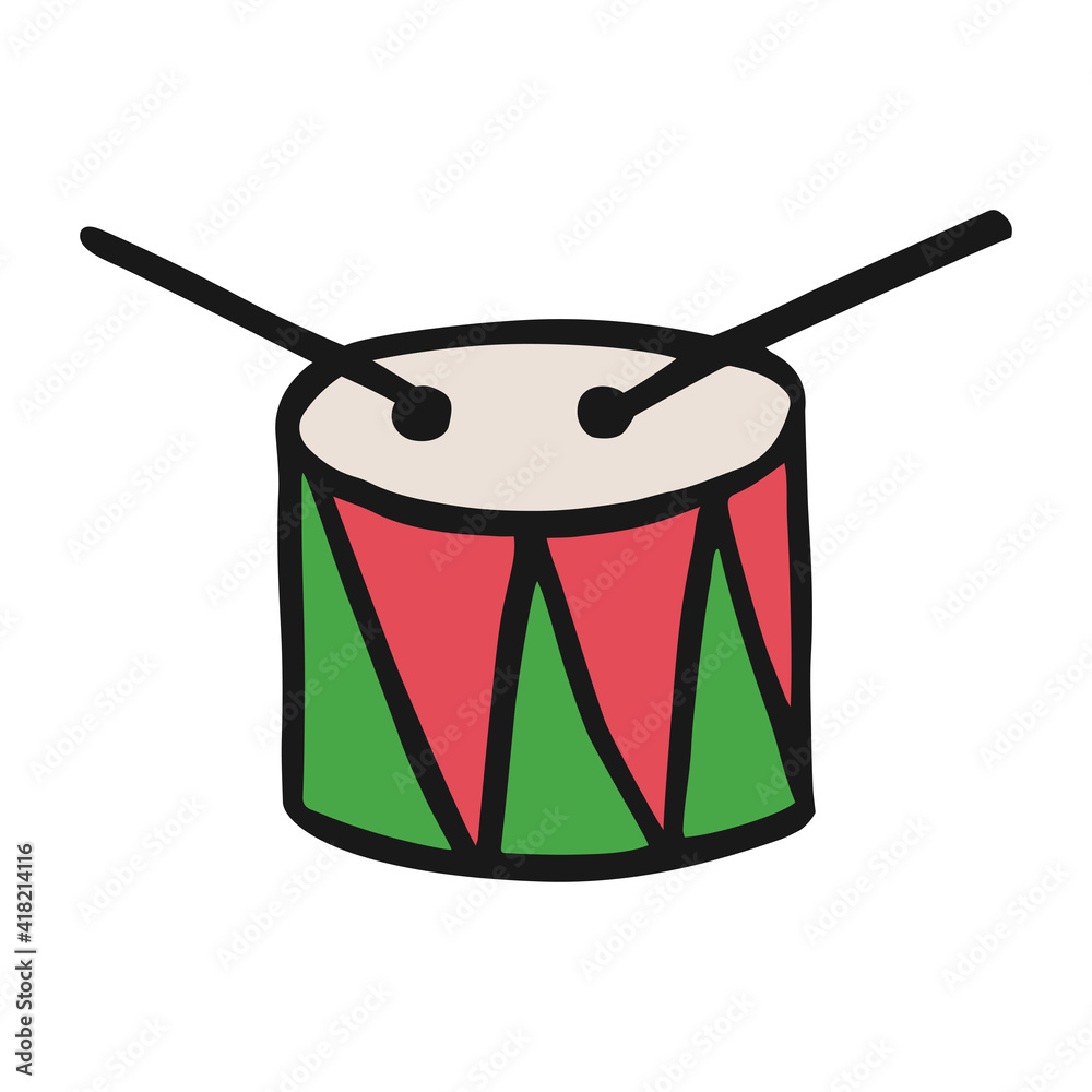 Vector drum icon in hand drawn style. Musical colorful symbol. Isolated ...