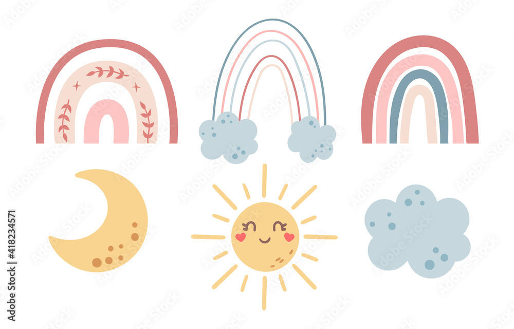 Pastel spring kids clipart set, boho rainbow, moon and sun baby design ...