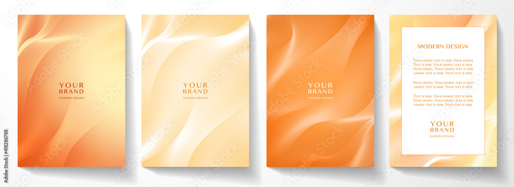 Modern cover, frame design set. Orange abstract line pattern (guilloche ...