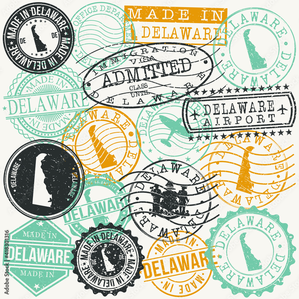 Delaware, USA Set of Stamps. Travel Passport Stamps. Made In Product ...