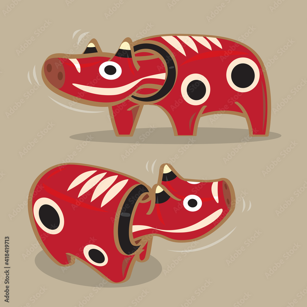 Vector illustration of Japanese folk toy - shaking head red cow ...
