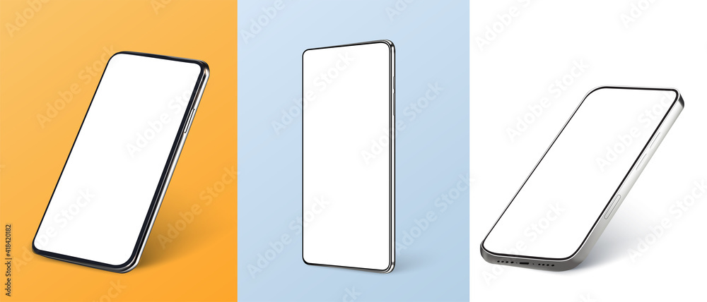 Smartphone frame less blank screen, rotated position. 3d isometric illustration cell phone ...