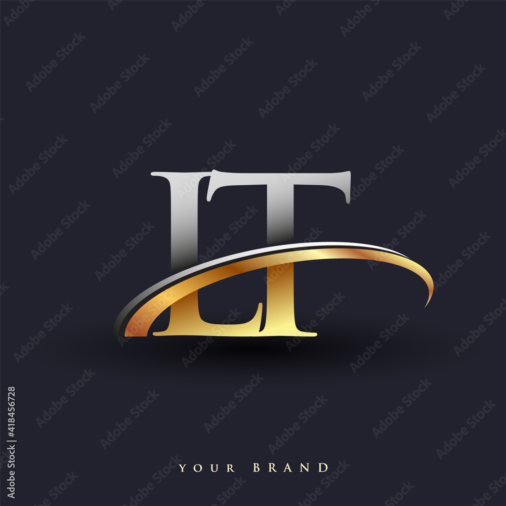 LT initial logo company name colored gold and silver swoosh design ...