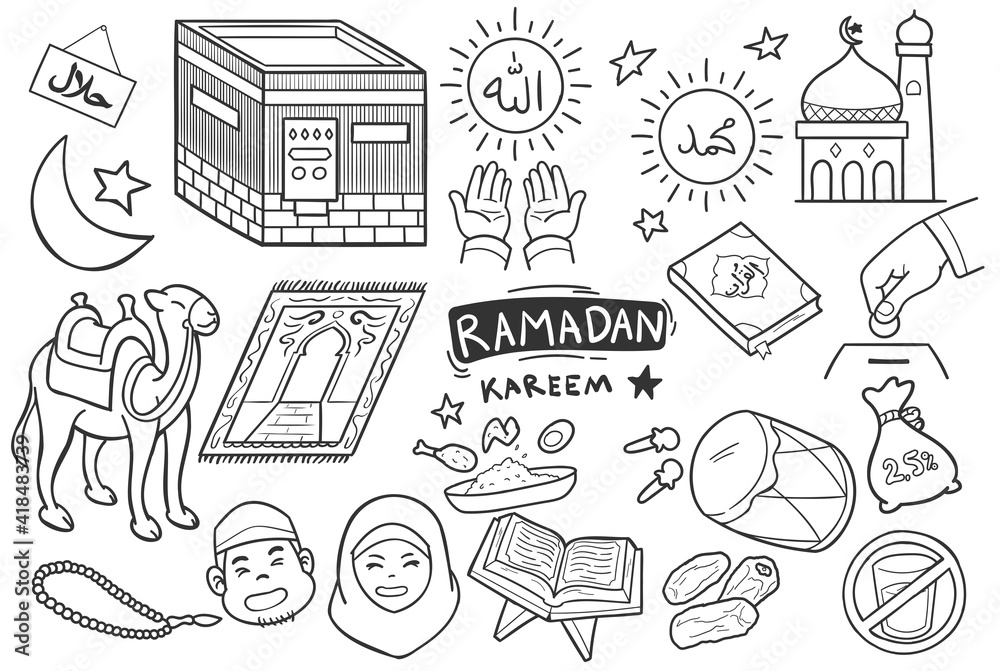 Set of hand drawn doodle Ramadan holy month related. Islamic holy month ...