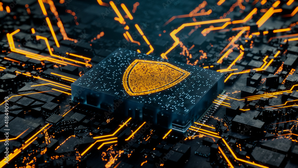 Security Technology Concept with shield symbol on a Microchip. Data flows from the CPU across a ...