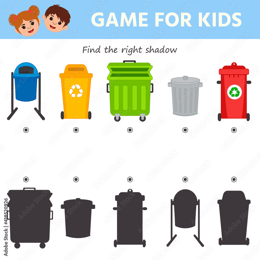 Eco educational game for kids. Find the correct shadow of the trash ...