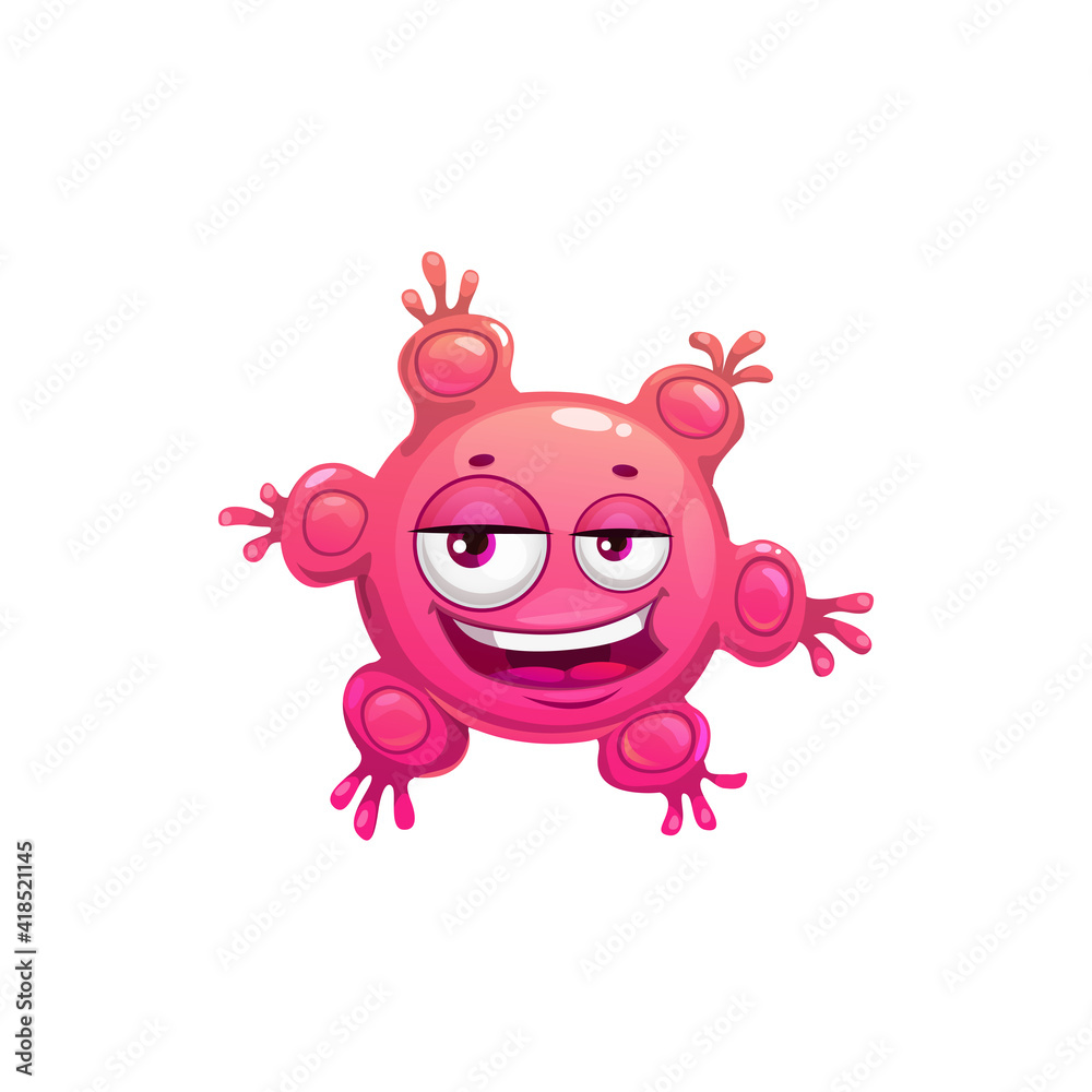 Cartoon virus cell vector icon, cute pink bacteria, happy laughing germ ...