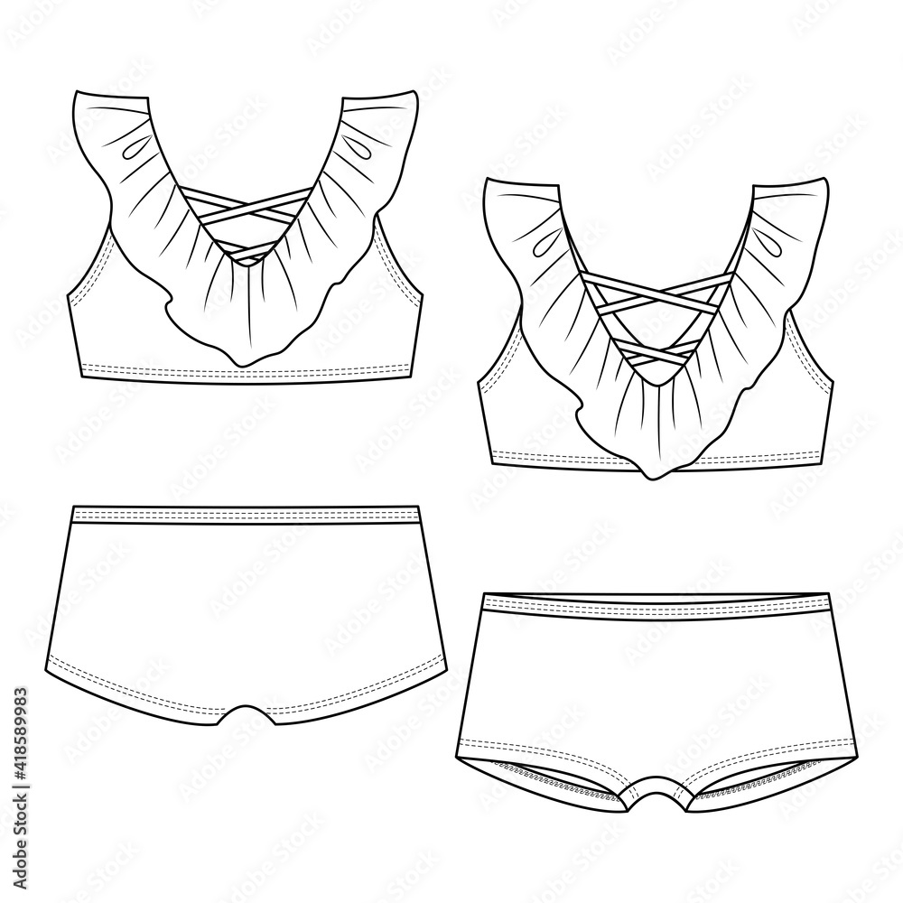 Girls Frill Bikini fashion flat sketch template. Technical Fashion ...