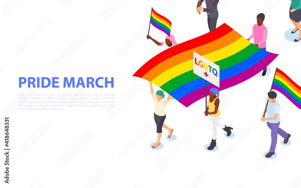 Pride march banner. A group of walking people with LGBTQ flags and ...