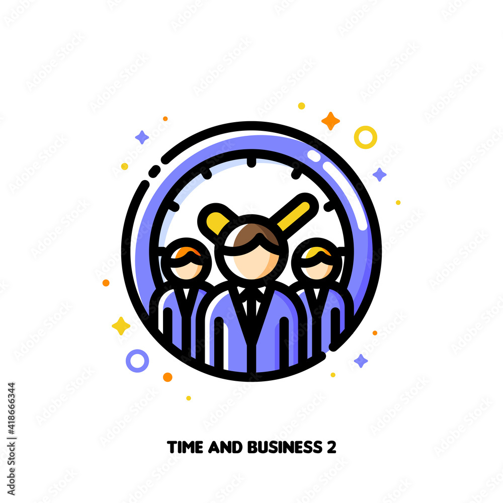 Icon of three business persons on a background of clock for teams work ...