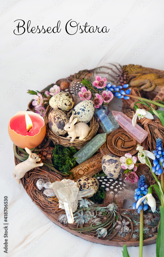 Blessed Ostara greeting. wiccan Altar for spring Ostara sabbath. wheel ...