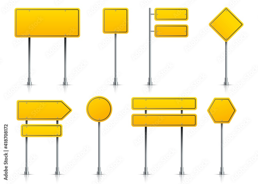 Road yellow sign. Realistic highway signage on pole. 3D metal roadside ...