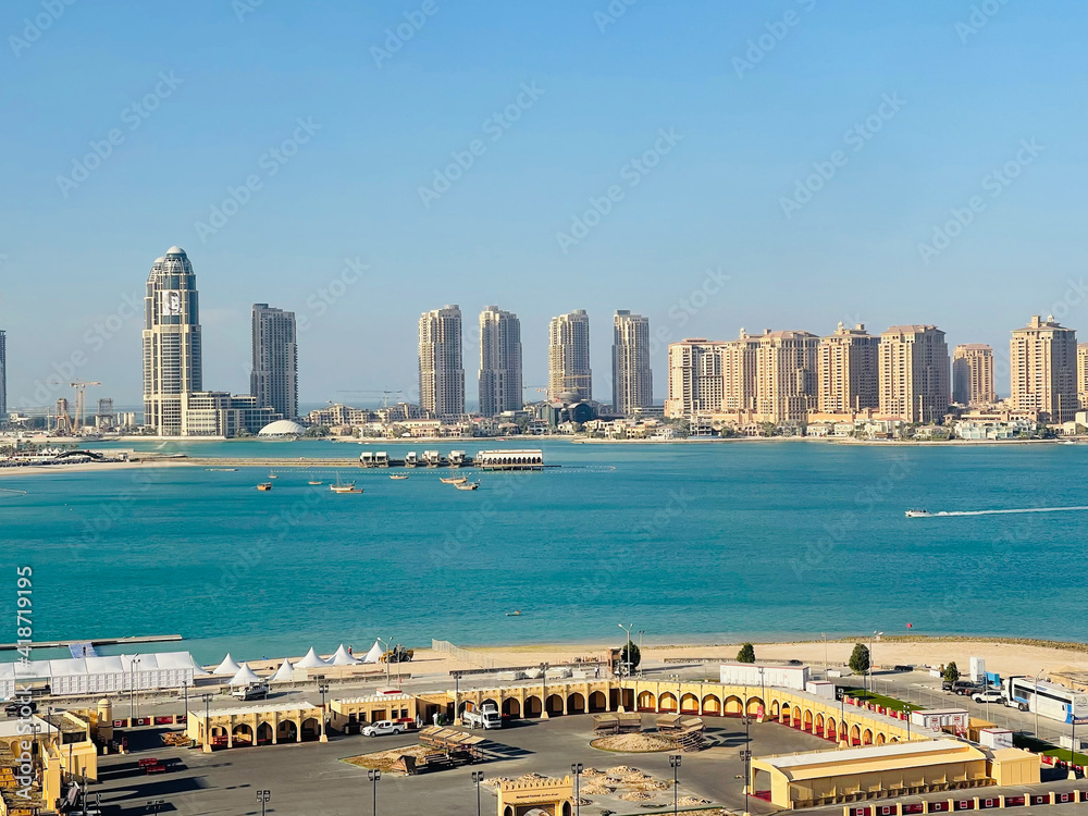 Beautiful city view. Doha Qatar city landscape. City life in the middle ...