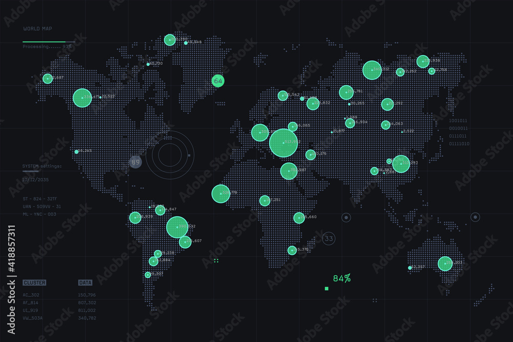 World map big data visualization. Hotspots on map. Global activity ...