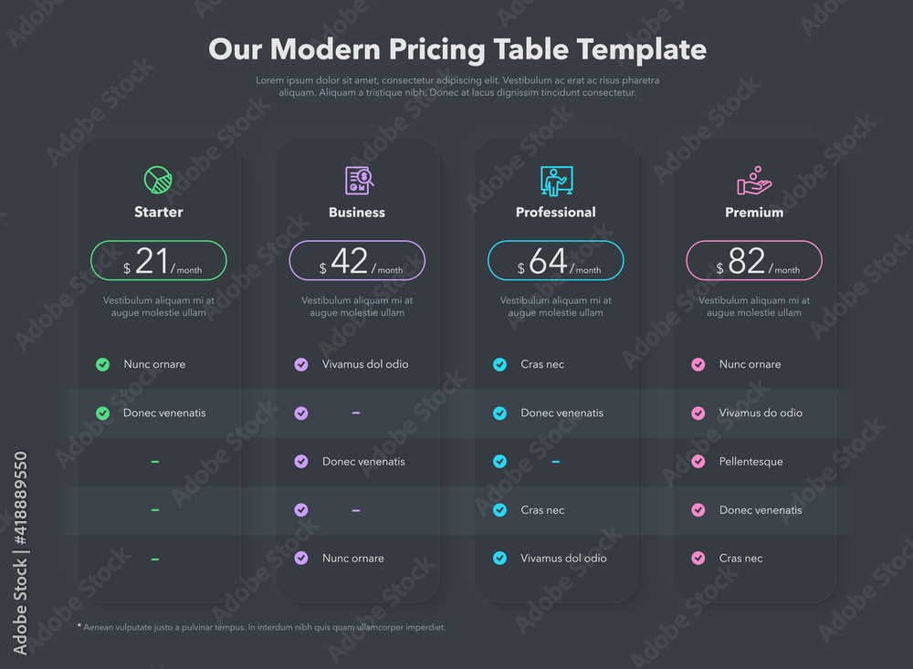 Simple pricing table layout with four subscription plans - dark version. Infographic design ...
