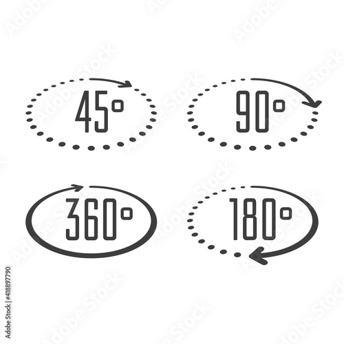 Set of angles 45, 90, 180 and 360 degrees icons. Arrows rotation circle ...