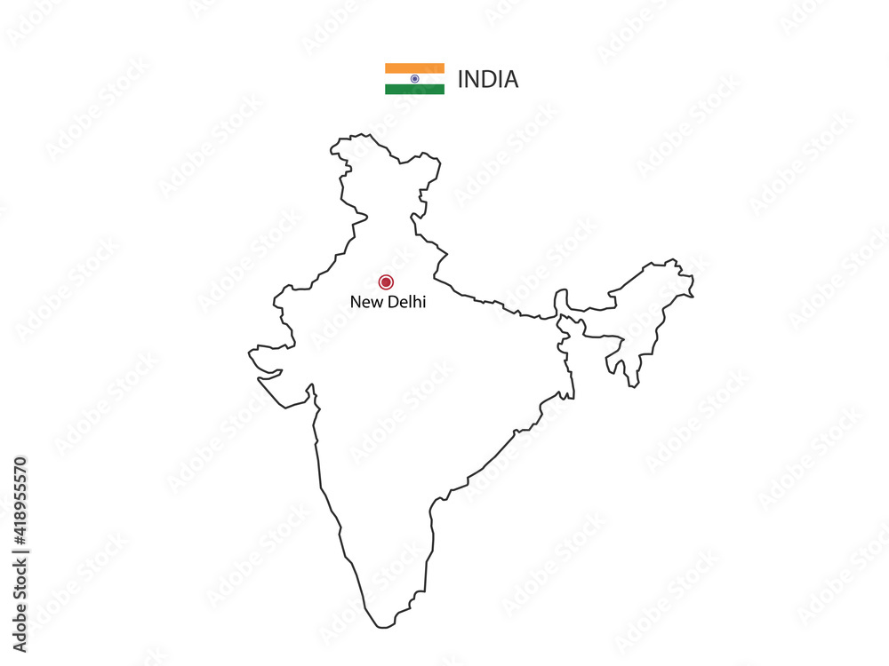 Hand draw thin black line vector of India Map with capital city New ...