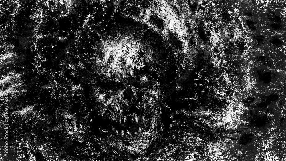 Dead man skull in rusty metal. Dark face of corpse is screaming. Black ...