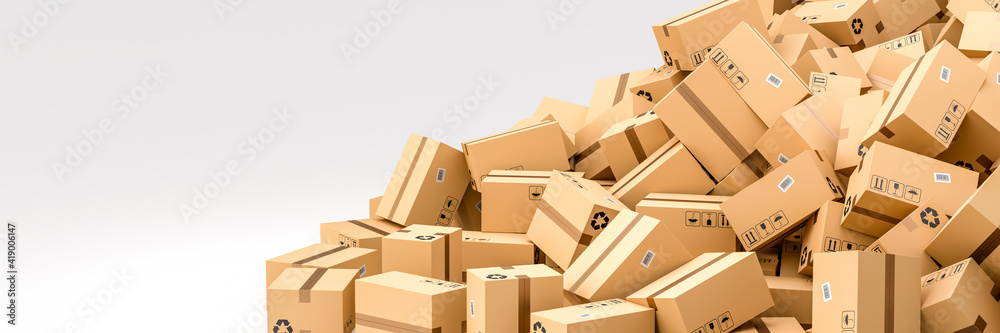 Cardboard boxes on white background with empty copy space on left side, logistics and delivery ...