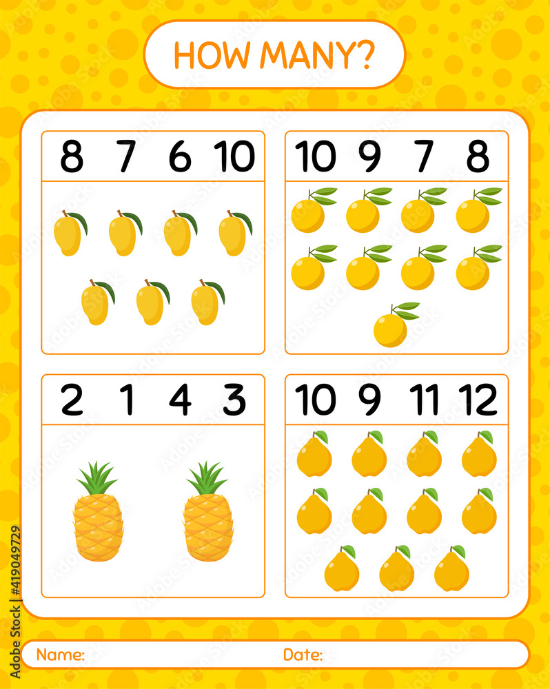 How many counting game pineapple, quince, ugli. worksheet for preschool ...