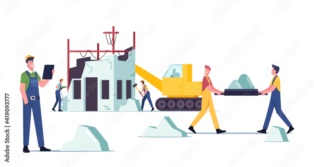 Building Demolition Concept. Builders Male Characters in Uniform and ...