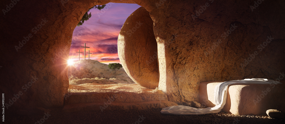 Стоковое фото «Crucifixion and Resurrection. Empty tomb of Jesus with ...