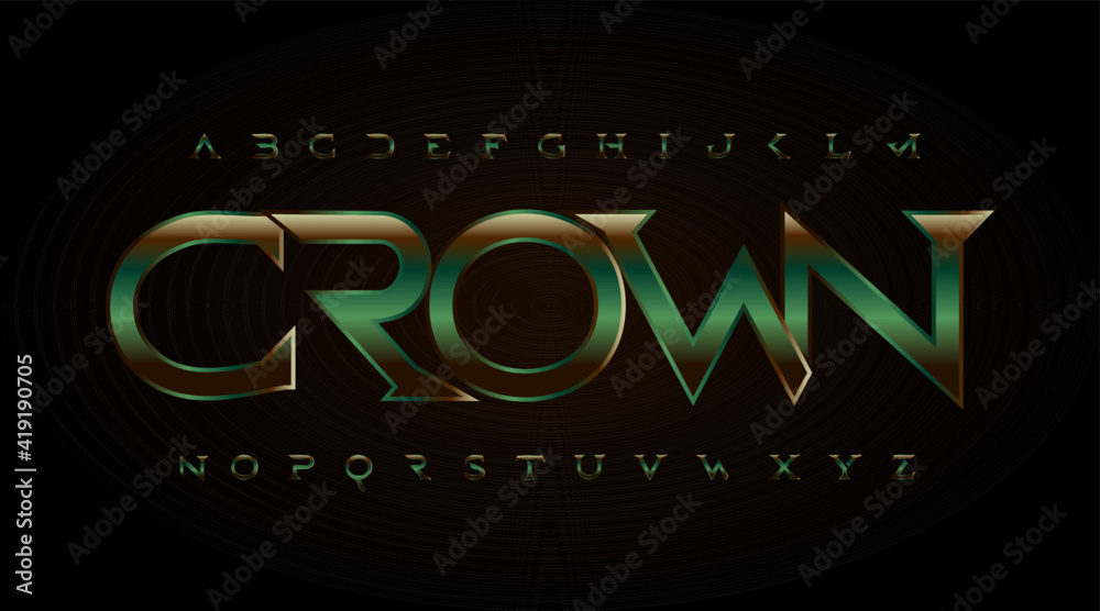 Old antique serif font. Royal shield style type with green bronze metal ...