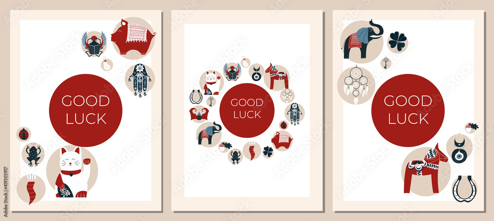 Lucky charms, symbols, amulets, talismans. Good luck symbols banner ...