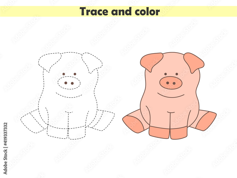 Trace and color the cute pig. Learning to draw and paint. Worksheet for ...