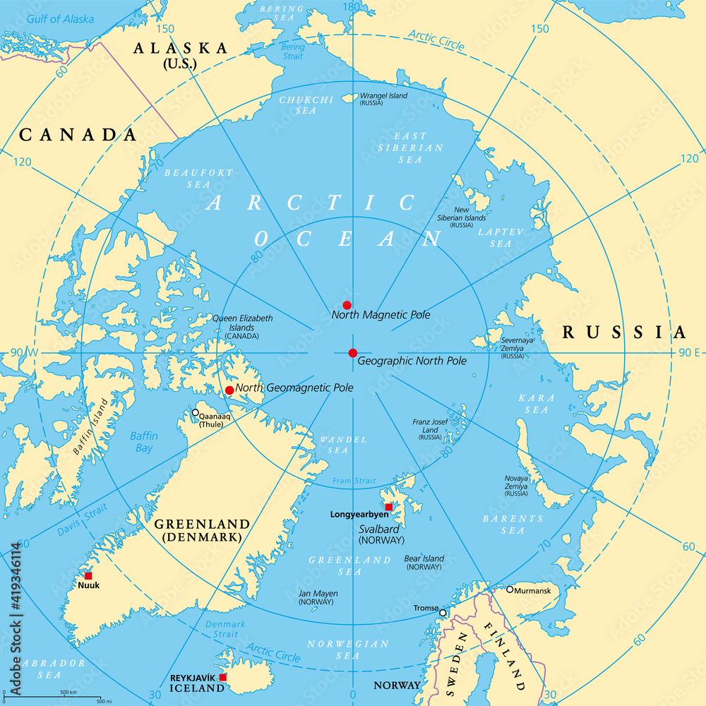 Geographic position of the North Pole of the Earth, political map ...