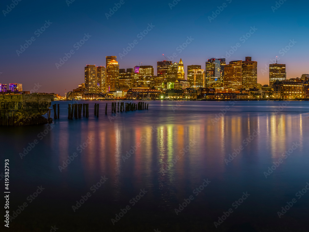 Boston Nightscape Skyline and Water Reflections on Mystic River ...