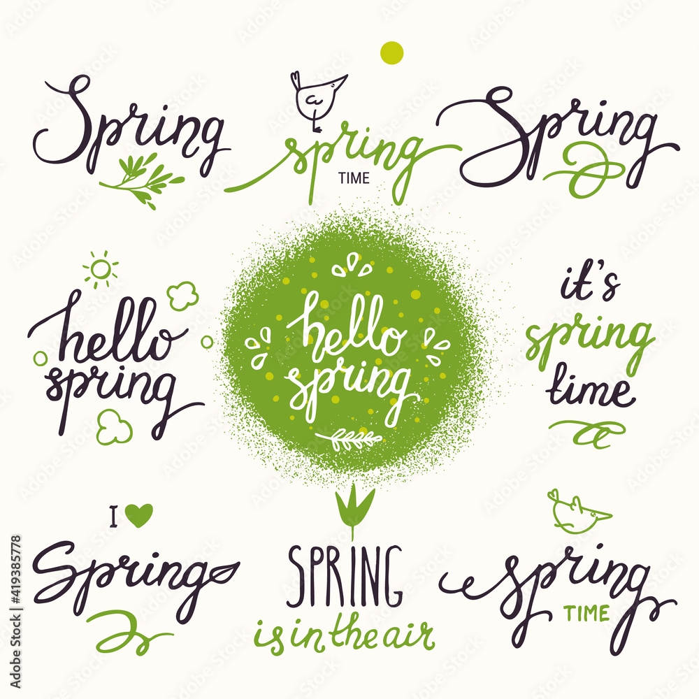 Springtime inspirational hand written lettering, cute spring symbols ...